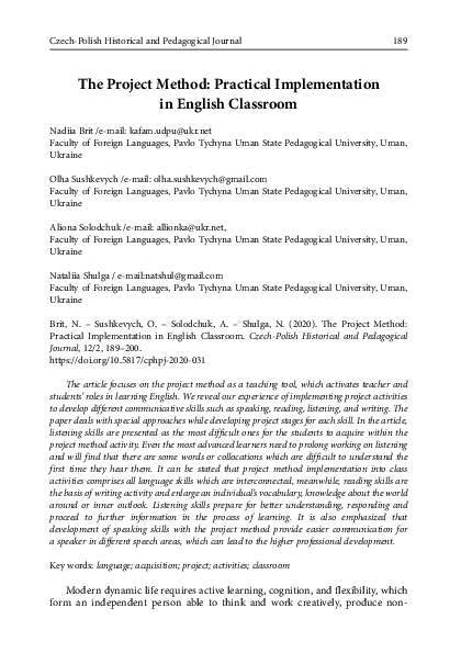 (PDF) The Project Method: Practical Implementation in English Classroom