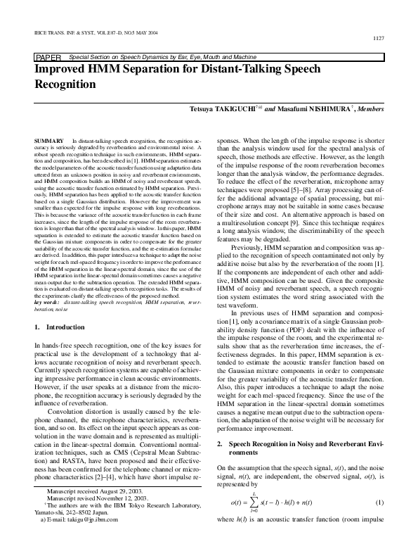 (PDF) Improved HMM Separation for Distant-Talking Speech Recognition