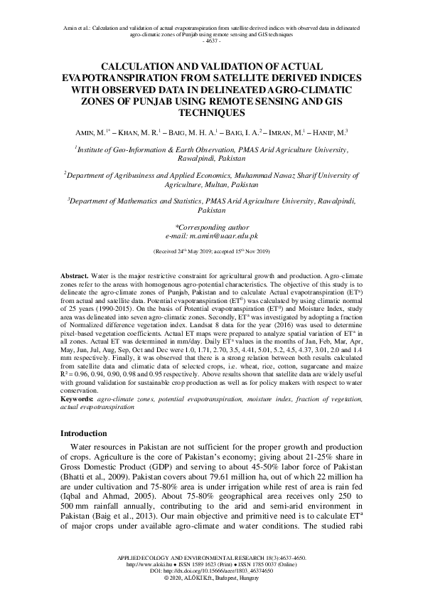 Pdf Calculation And Validation Of Actual Evapotranspiration From Satellite Derived Indices