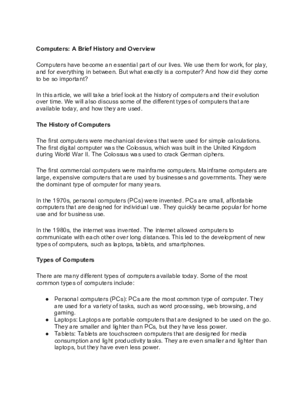 (DOC) Computers A Brief History and Overview