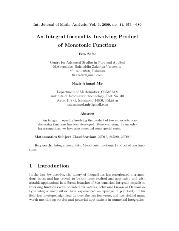 (PDF) An Integral Inequality Involving Product of Monotonic Functions
