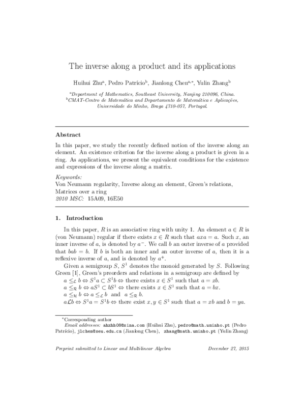 (PDF) The inverse along a product and its applications