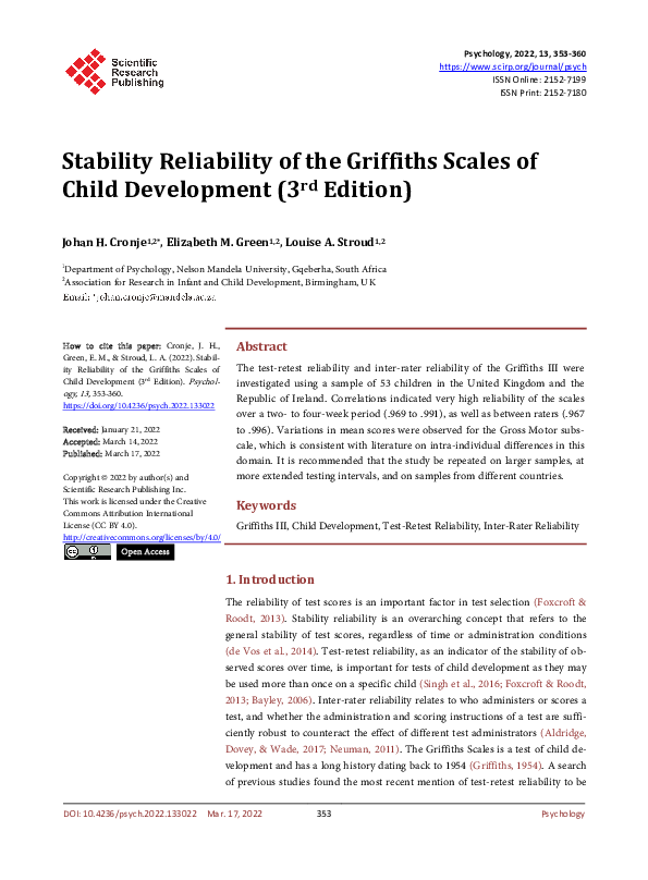 (PDF) Stability Reliability of the Griffiths Scales of Child ...