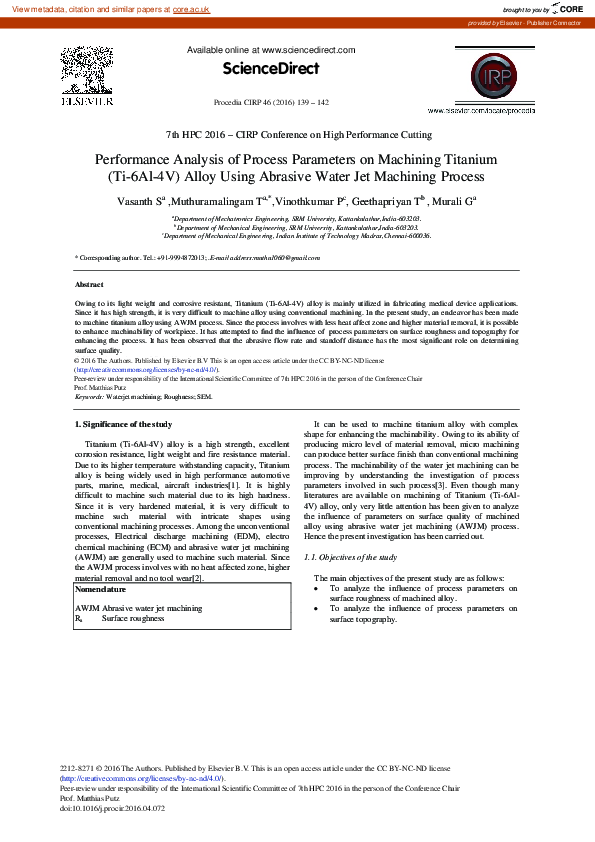 (PDF) Performance Analysis of Process Parameters on Machining Titanium (Ti-6Al-4V) Alloy Using ...