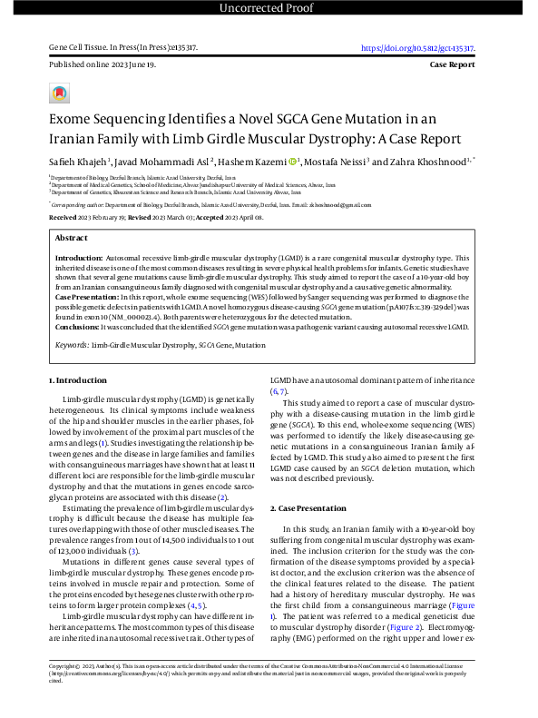 (PDF) Exome Sequencing Identifies a Novel SGCA Gene Mutation in an Iranian Family with Limb ...