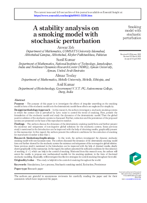 (PDF) A stability analysis on a smoking model with stochastic perturbation