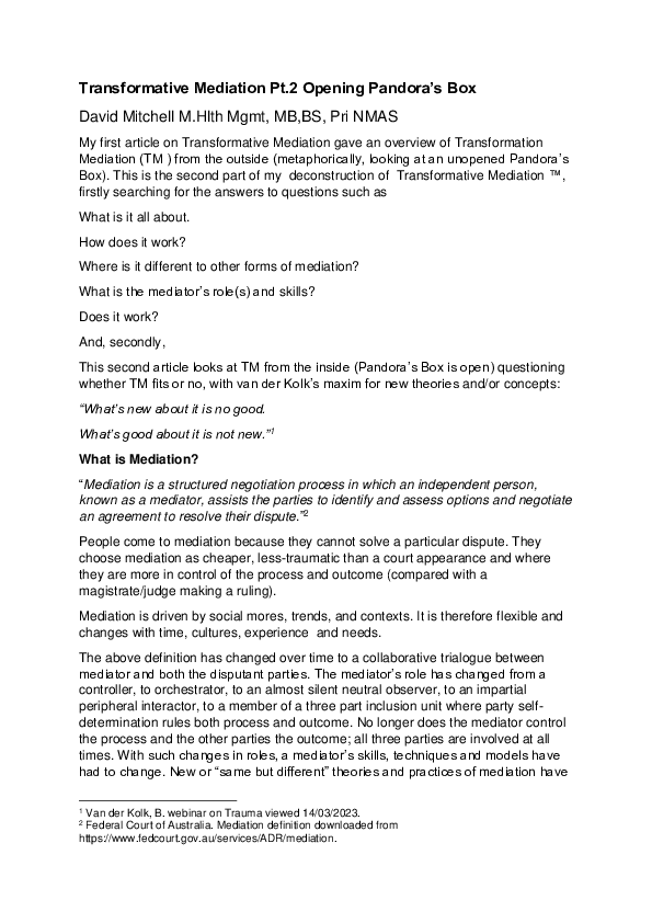 (PDF) Transformative Mediation Pt.2 Opening Pandora's Box