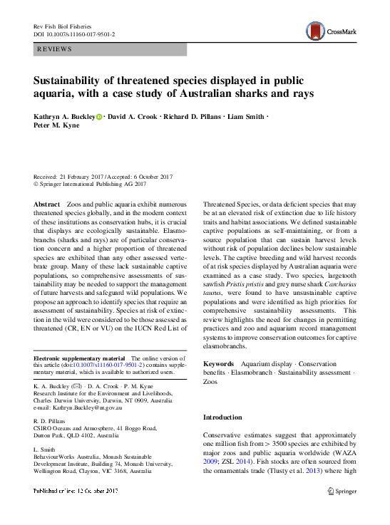 (PDF) Sustainability of threatened species displayed in public aquaria ...