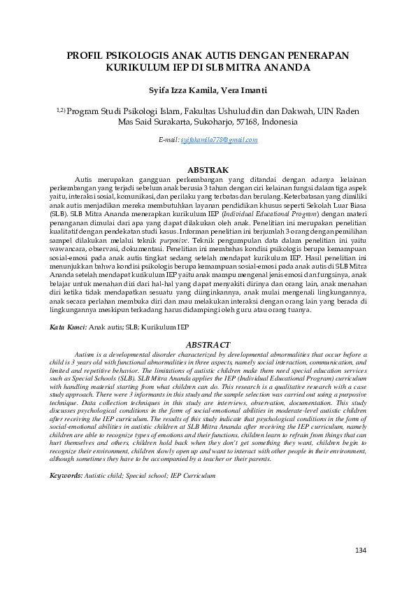 (PDF) Profil Psikologis Anak Autis Dengan Penerapan Kurikulum Iep DI SLB Mitra Ananda