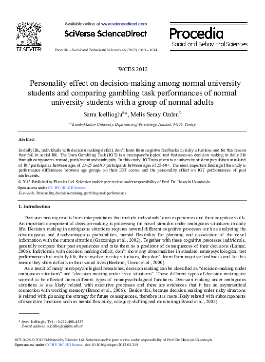 (PDF) Personality Effect on Decision-Making Among Normal University ...