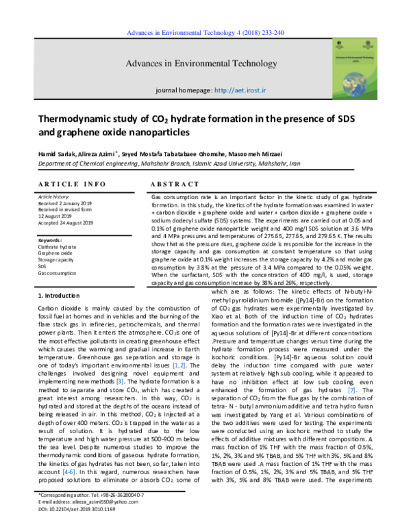 (PDF) Kinetic Study of CO2 Hydrate Formation with SDS and Graphene Oxide