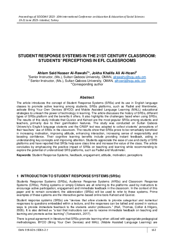 (PDF) STUDENT RESPONSE SYSTEMS IN THE 21ST CENTURY CLASSROOM: STUDENTS' PERCEPTIONS IN EFL ...
