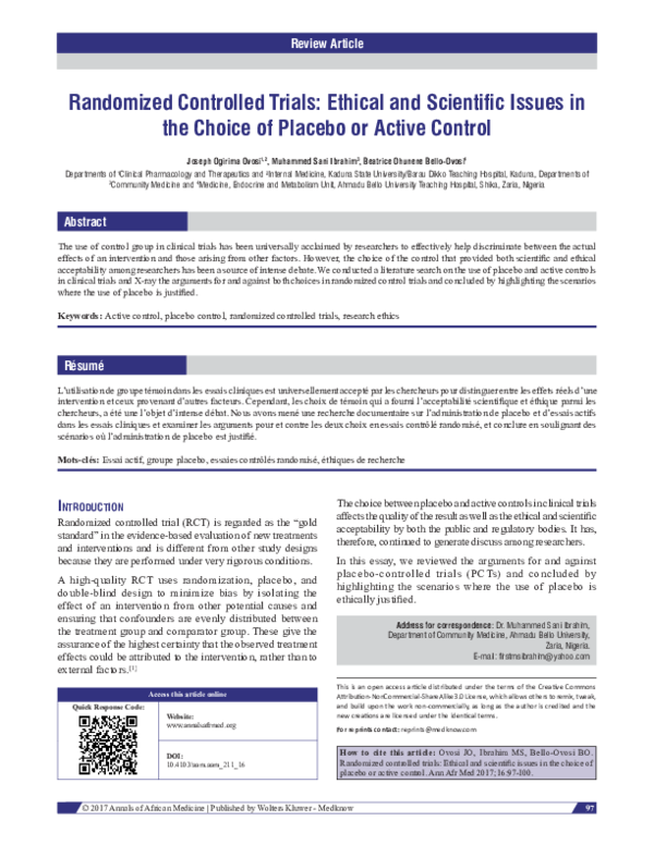(PDF) Randomized controlled trials: Ethical and scientific issues in the choice of placebo or ...