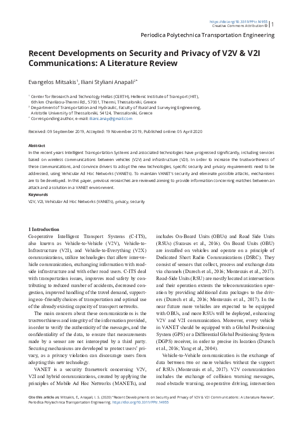 (PDF) Recent Developments on Security and Privacy of V2V & V2I ...
