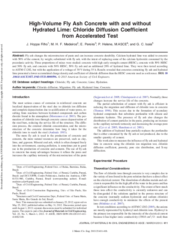 (PDF) High-Volume Fly Ash Concrete with and without Hydrated Lime: Chloride Diffusion ...