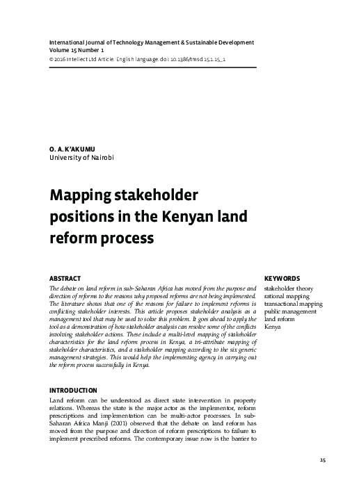(PDF) Mapping stakeholder positions in the Kenyan land reform process