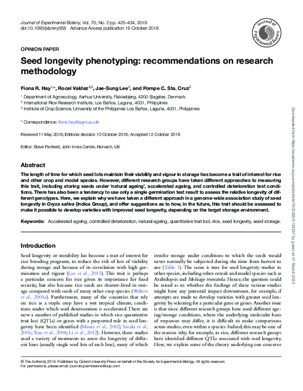 (PDF) Seed longevity phenotyping: recommendations on research methodology