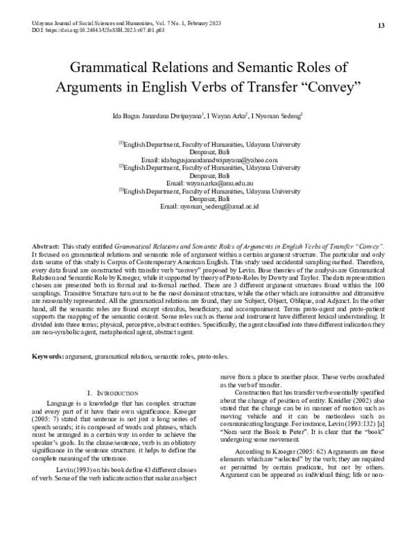 (PDF) Grammatical Relations and Semantic Roles of Arguments in English Verbs of Transfer “Convey”