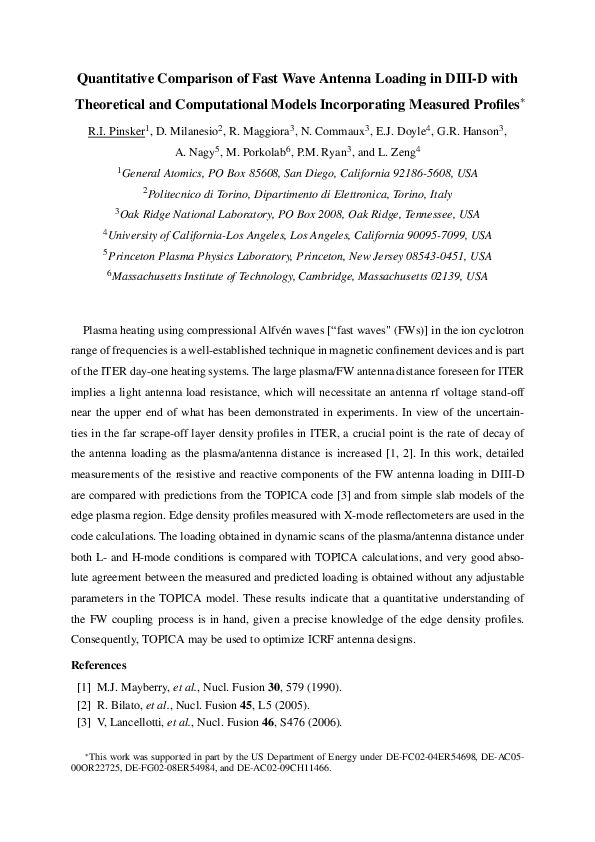 (PDF) Quantitative Comparison of Fast Wave Antenna Loading in DIII-D with Theoretical and ...