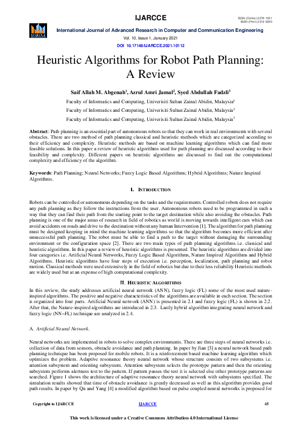 (PDF) Heuristic Algorithms for Robot Path Planning: A Review