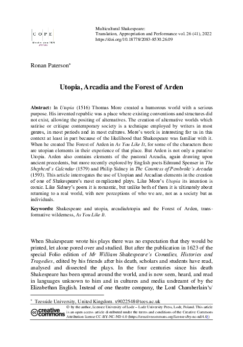 (PDF) Utopia, Arcadia and the Forest of Arden
