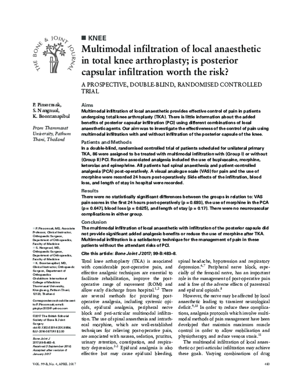 (PDF) Multimodal infiltration of local anaesthetic in total knee ...