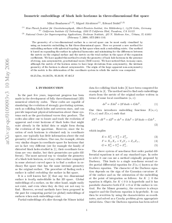 (PDF) Isometric embeddings of black-hole horizons in three-dimensional flat space