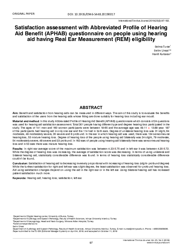 (PDF) Satisfaction assessment with Abbreviated Profile of Hearing Aid ...