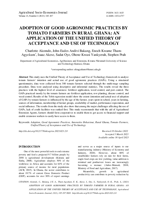 (PDF) Adoption of Good Agronomic Practices by Tomato Farmers in Rural Ghana: An Application of ...