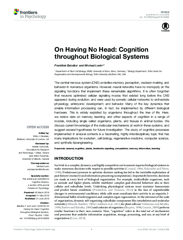 (PDF) On Having No Head: Cognition throughout Biological Systems