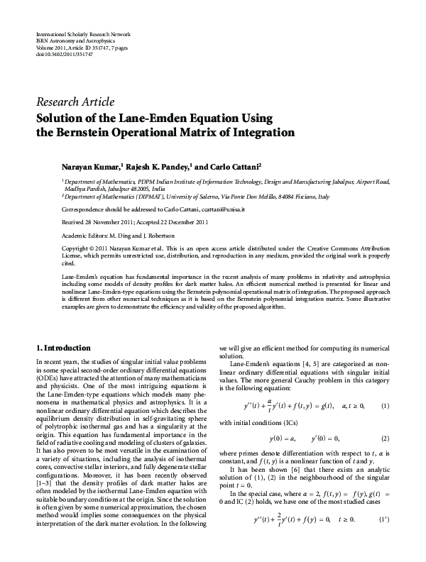 (PDF) Solution of the Lane-Emden Equation Using the Bernstein ...