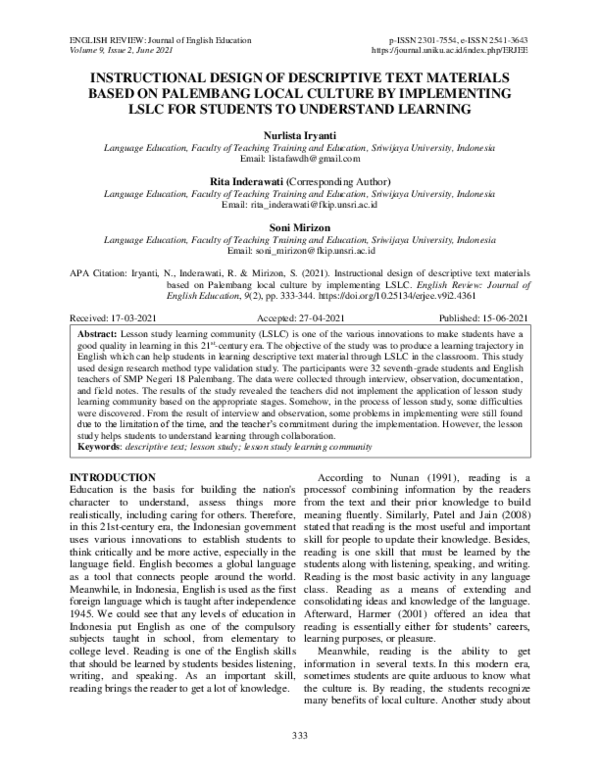 (PDF) Instructional Design of Descriptive Text Materials Based on ...