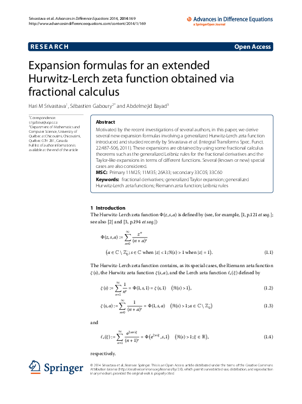 (PDF) Expansion formulas for an extended Hurwitz-Lerch zeta function ...