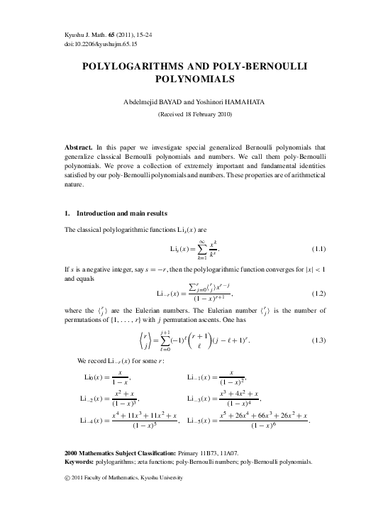 (PDF) Polylogarithms and Poly-Bernoulli Polynomials