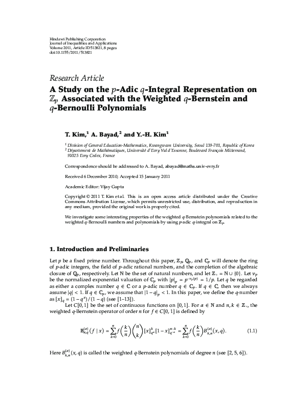 (PDF) A Study on the -Adic -Integral Representation on Associated with the Weighted -Bernstein ...