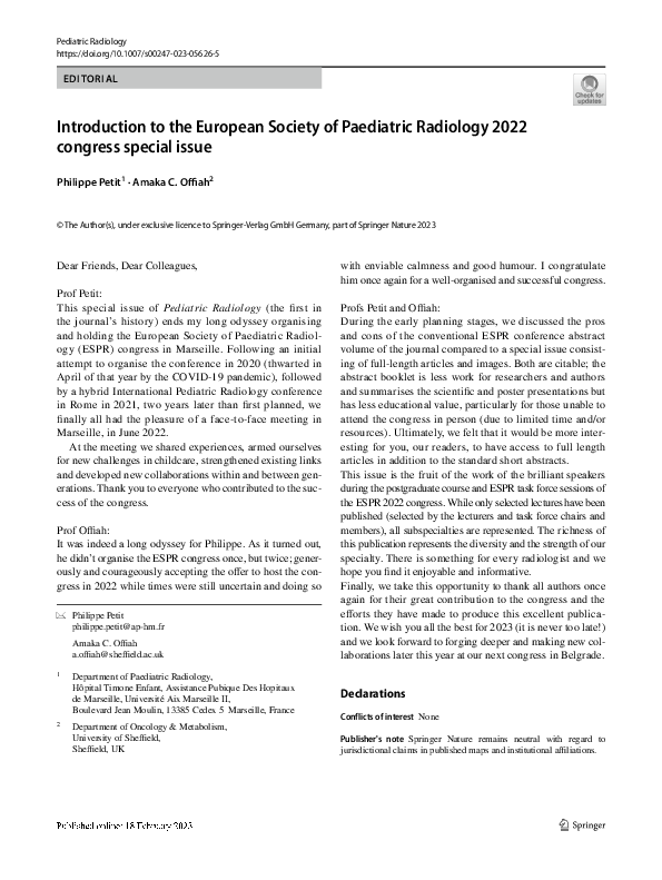 (PDF) Introduction to the European Society of Paediatric Radiology 2022 ...