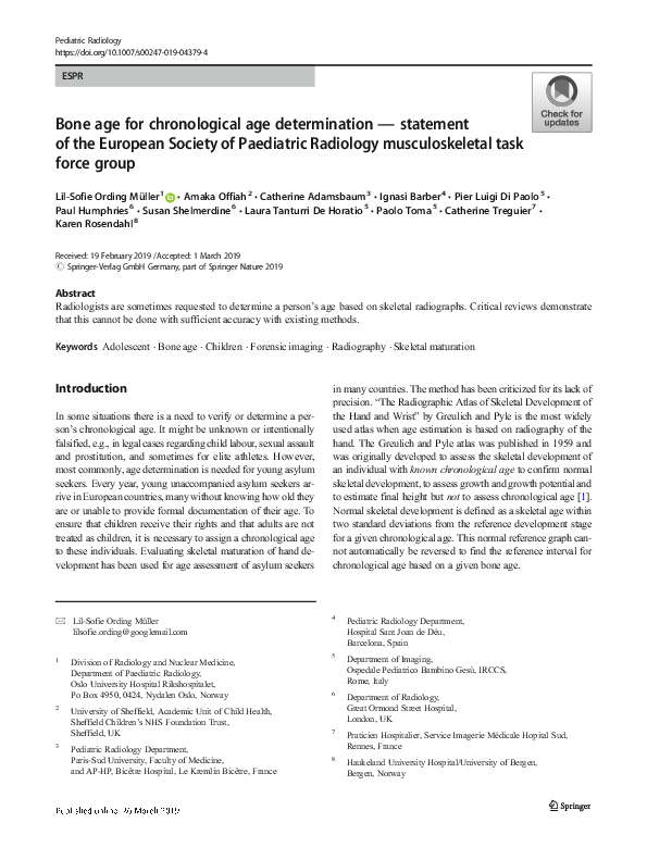 (PDF) Bone age for chronological age determination — statement of the ...