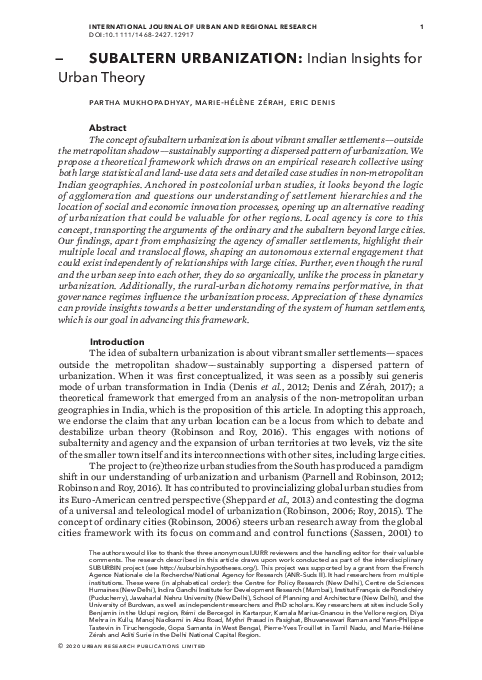 (PDF) Subaltern Urbanization: Indian Insights for Urban Theory