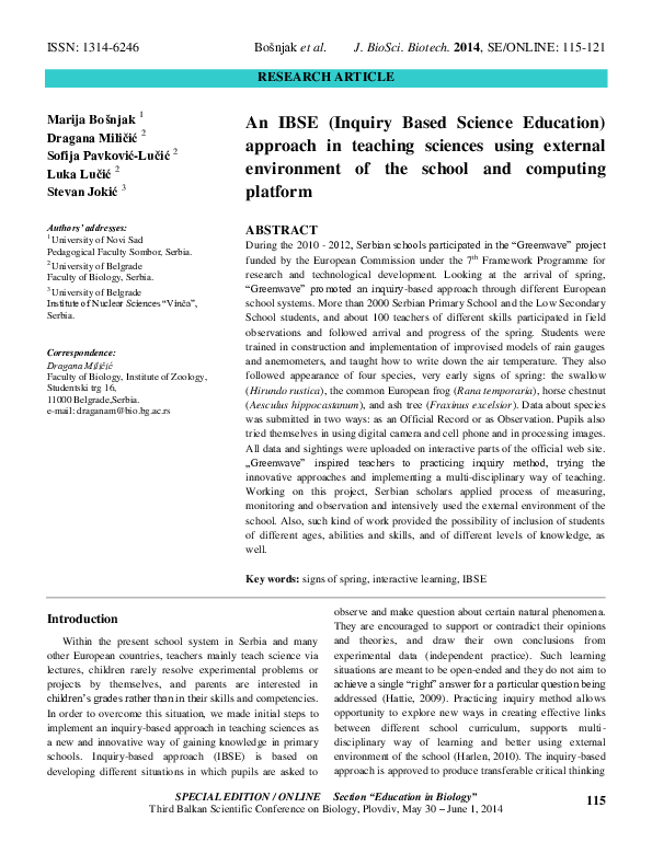 (PDF) An IBSE (Inquiry Based Science Education) approach in teaching sciences using external ...