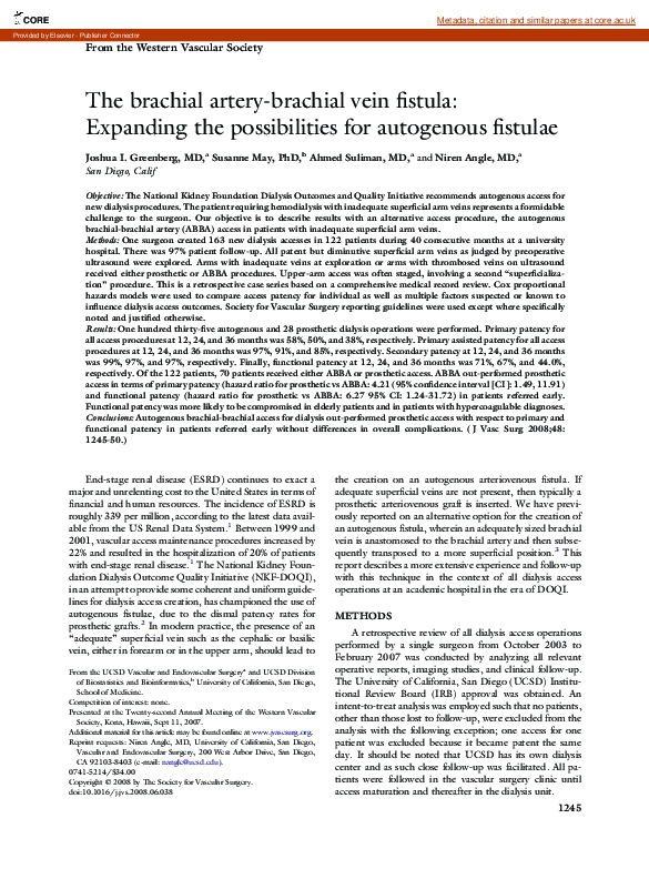 (PDF) The brachial artery-brachial vein fistula: Expanding the ...