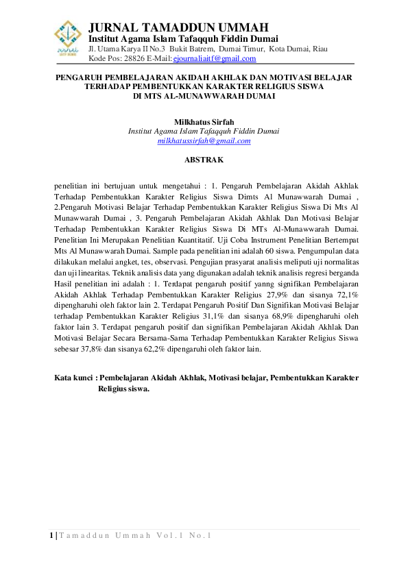 (PDF) Pengaruh Pembelajaran Akidah Akhlak dan Motivasi Belajar Terhadap Pembentukkan Karakter ...
