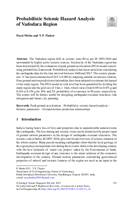 (PDF) Probabilistic Seismic Hazard Analysis of Vadodara Region | Payal Mehta - Academia.edu