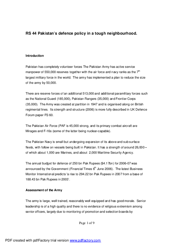 (PDF) RS44 Pakistan's defence policy in a tough neighbourhood