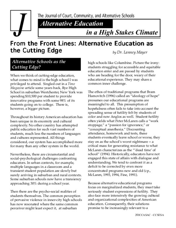 (PDF) From the Front Lines: Alternative Education as the Cutting Edge