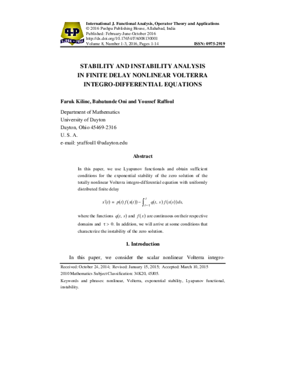 (PDF) Stability and Instability Analysis in Finite Delay Nonlinear Volterra Integro-Differential ...