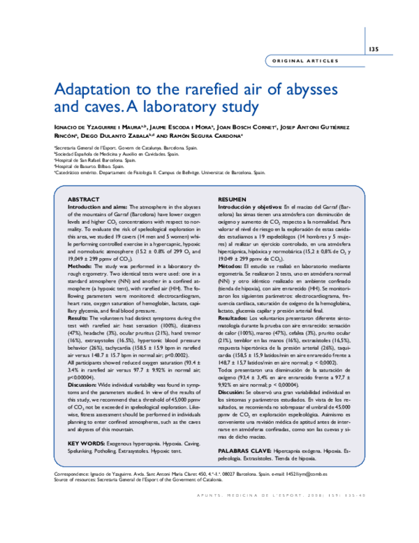 (PDF) Adaptation to the Rarefied Air of Abysses and Caves. A Laboratory ...