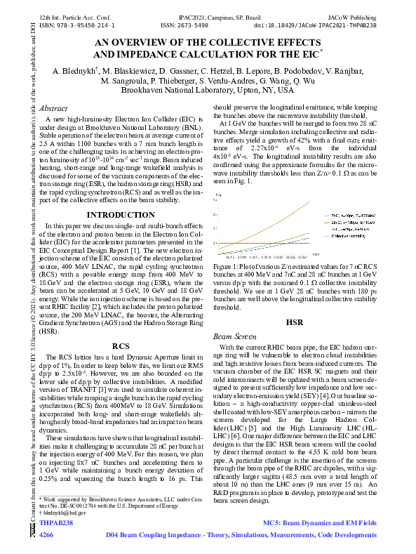 (PDF) An Overview of the Collective Effects and Impedance Calculation for the EIC