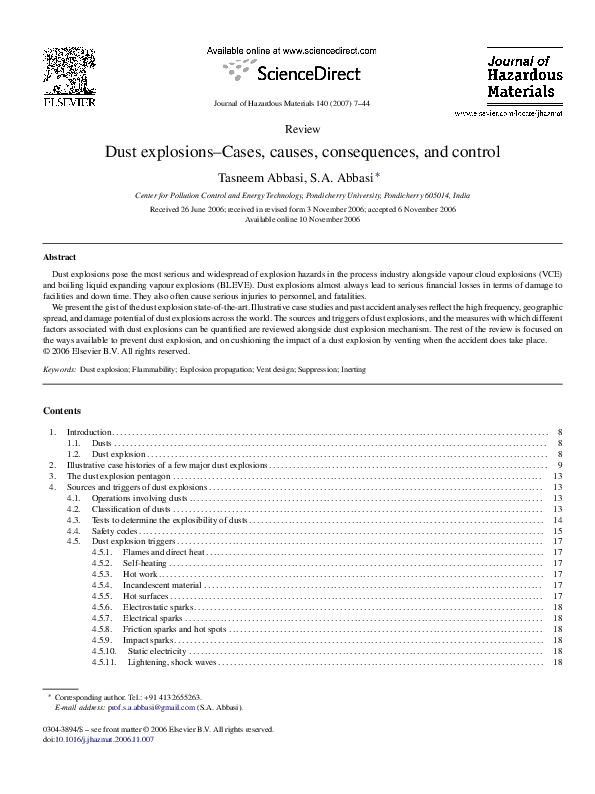 (PDF) Dust explosions–Cases, causes, consequences, and control