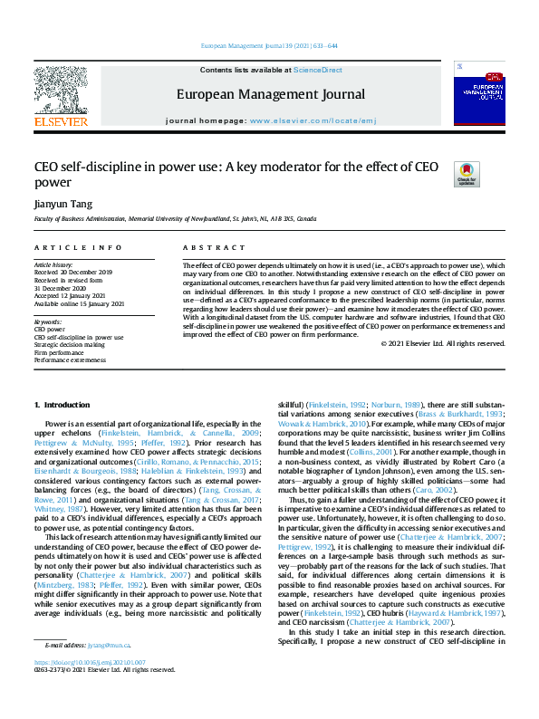 (PDF) CEO self-discipline in power use: A key moderator for the effect ...