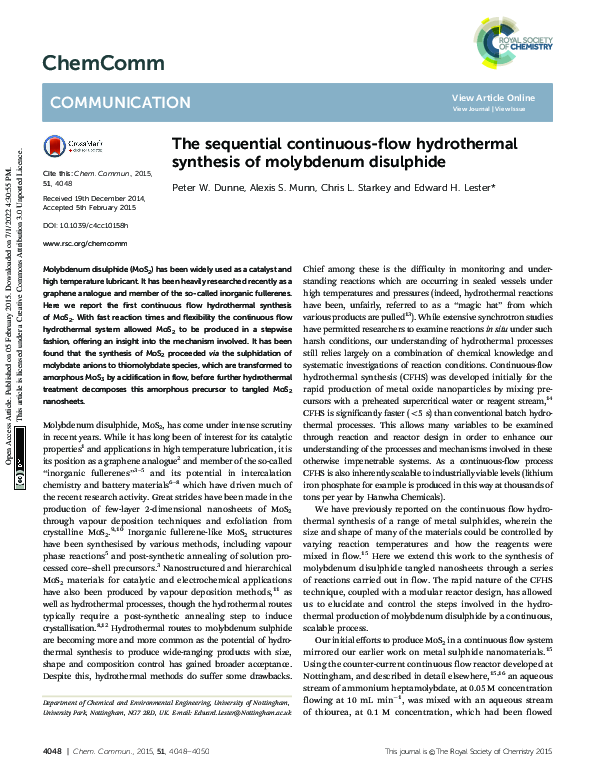 (PDF) The sequential continuous-flow hydrothermal synthesis of ...